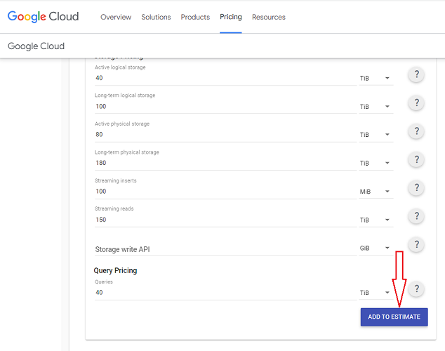 Using Google Cloud pricing calculator for BigQuery
