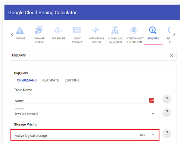 Using Google Cloud pricing calculator for BigQuery