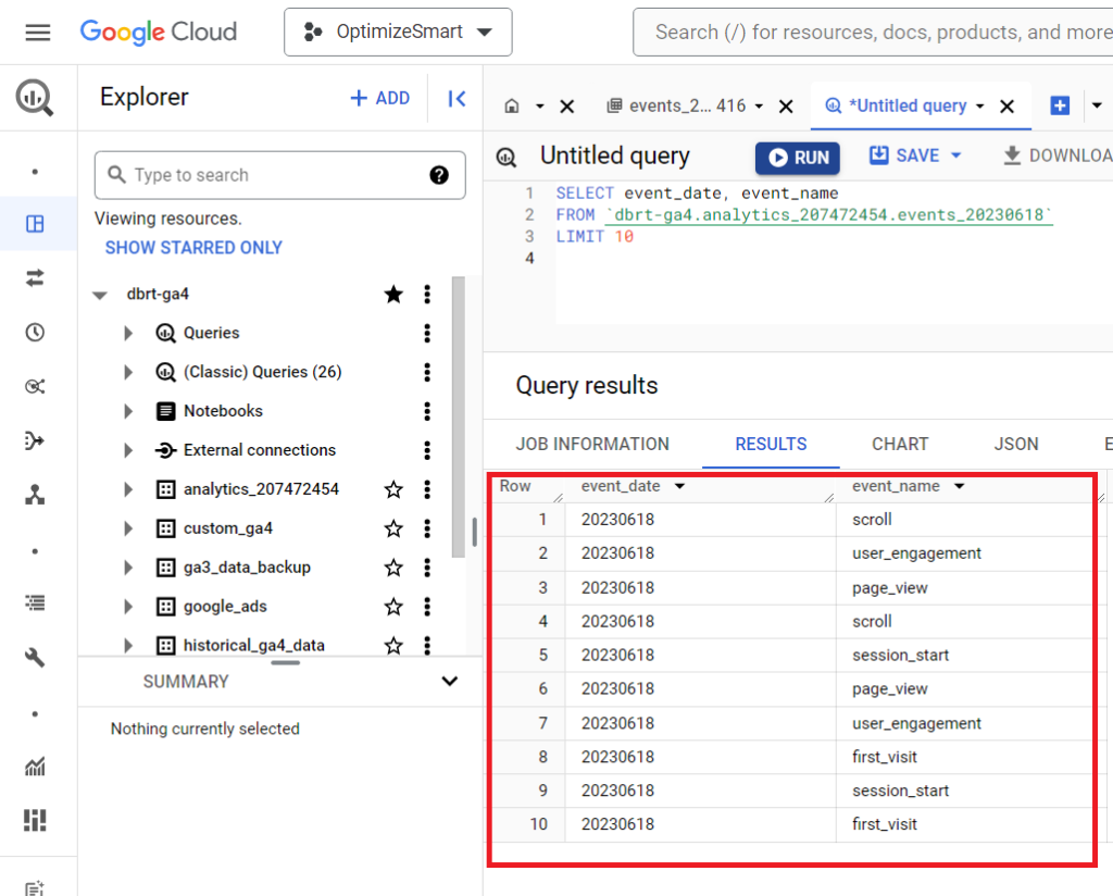 Retrieving particular columns of GA4 BigQuery data table