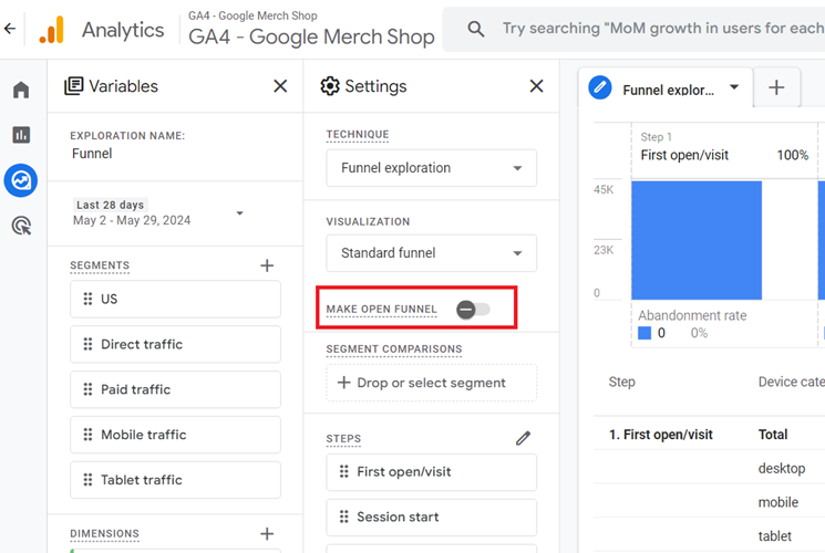 Open and Closed funnels in GA4 with examples